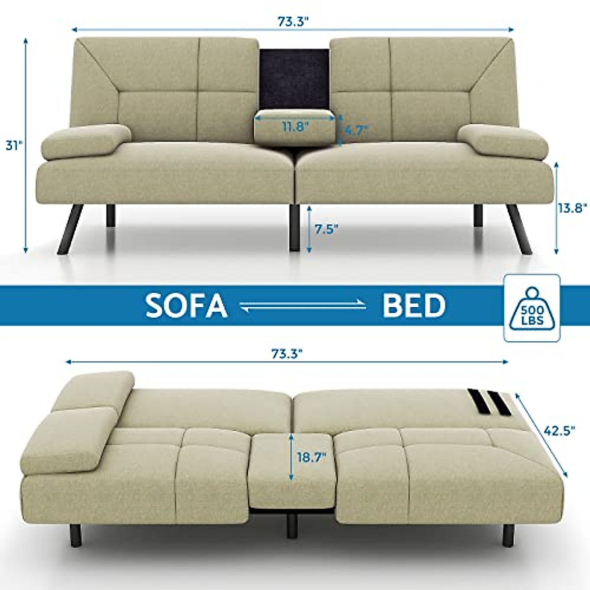 LIFERECORD Futon Sofa Bed Modern Linen Fabric Convertible Folding Lounge Couch Daybed for Living Room with 2 Cup Holders, Removable Soft Armrest and Sturdy Metal Leg, Khaki