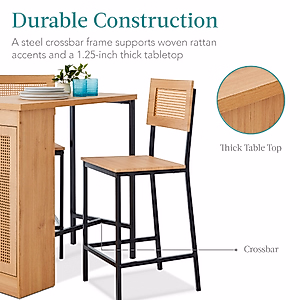 Best Choice Products 3-Piece Rattan Dining Set, Counter Height Boho Dining Table for Kitchen for 2, Dining Room w/Adjustable Storage Shelves, Cabinet Doors, Metal Frames