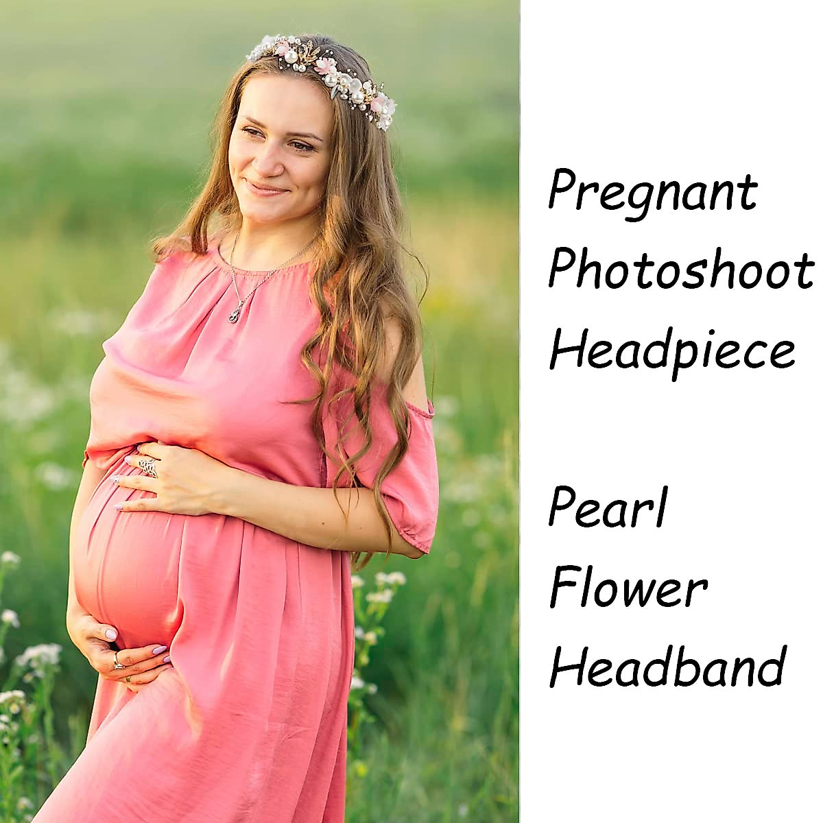 Didder Flower Headband Pearl Tiara and Crown for Women and Girls, Pink Maternity Photoshoot Rhinestone Headband Bridesmaid Wedding Hair Vine Accessories for Brides Flower Girl Crown Headpiece