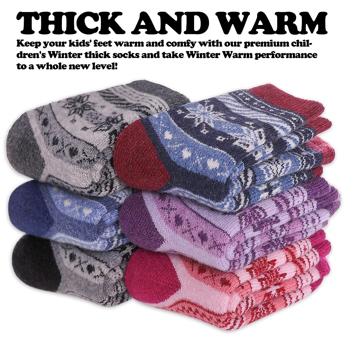 FNOVCO Kids Merino Wool Hiking Socks Toddlers Boys Girls Cozy Thermal Winter Thick Warm Crew Socks 6 Pairs (8-12 Years, Snowflake)