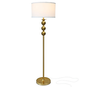 Brightech Riley LED Floor lamp, Boho Lamp for Living Rooms & Offices, Great Living Room Décor, Mid-Century Standing Lamp for Bedroom Reading, Tall Lamp with Drum Shade - Gold/Brass