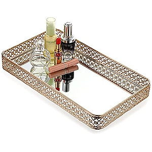 ELLDOO Gold Perfume Tray Mirror Tray Makeup Vanity Tray Hollow-Carved Jewelry Tray Glass Metal Trinket Storage Tray Home Organizer Decorative Tray for for Dresser Bathroom Countertop, Large Size