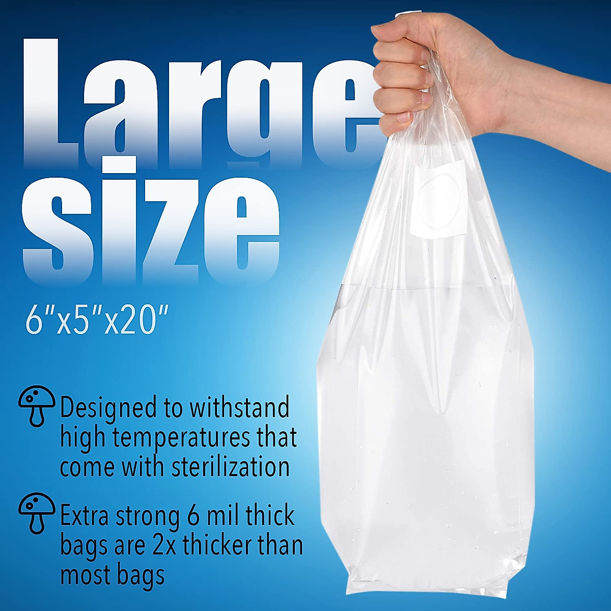 [50 Pack] Mushroom Growing Bags Mushroom Spawn Bags - Large Extra Thick 6 Mil Bags 6" X 5" X 20" 0.2 Micron Filter Breathable - Autoclavable Bags That Stand Up - Durable Bags - Tear Resistant Strong