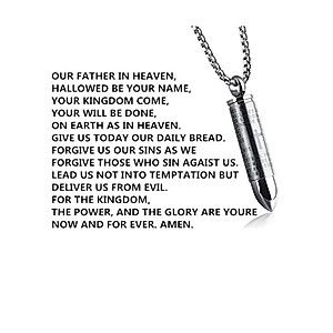 LIANTSH Lord's Prayer Cross Bullet Pendant Stainless Steel Lords Bible in English Cross Prayer Cremation Ashes Urn Necklace, Free Chain-Silver Color