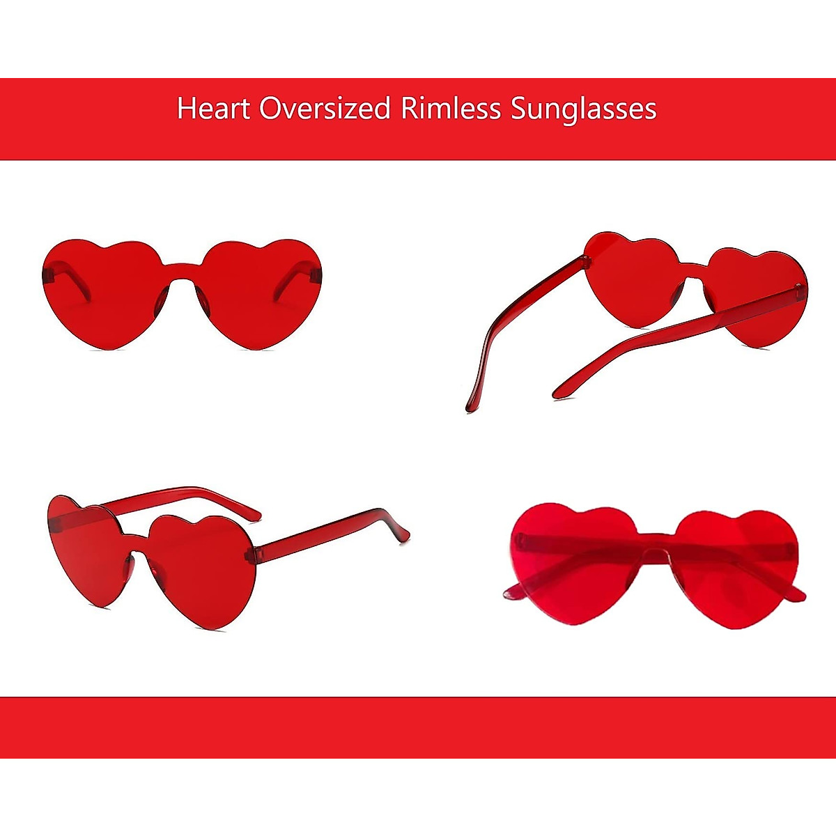 JFTOWN 8 Pairs Heart Shape Rimless Valentines Sunglasses Candy Color Frameless One Piece Love Glasses for Women Party Favor (Red)