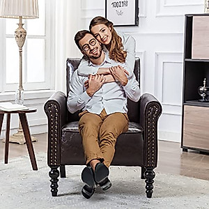 TTGIEET PU Leather Accent Chair with Arms for Living Room, Modern Upholstered Armchair with Solid Wood Legs for Single Sofa Reading Club Chair Living Room, Bedroom, Office(Dark Brown)