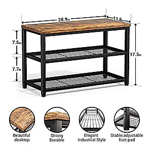 Homfio Shoe Rack, 3 Tier Shoe Rack Bench, Industrial Shoe Storage Organizer, Entry Bench, 3-Tier Metal Shoe Rack Shelves with MDF Top Board, Entryway Table for Hallway, Living Room, Closet, Bedroom
