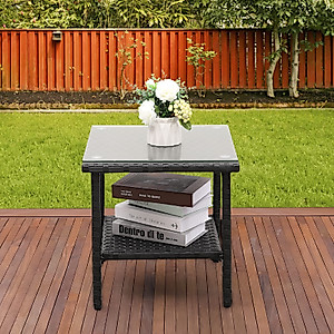 Outdoor Wicker Glass Top Side Table - Patio Balcony Deck Pool Square End Table with Storage, Black