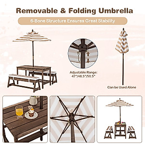 HONEY JOY Kids Picnic Table, Outdoor Wooden Table & Bench Set w/Removable Cushions and Umbrella, Stripe Fabric, Children Backyard Furniture for Patio Garden, Gift for Toddler Boys Girls Age 3+(Coffee)