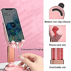 SOARCHICK Cute Bear Foldable Phone Stand for Desk Portable Cell Phone Holder with Makeup Beauty Mirror Adjustable Height Angle Kawaii Office Supplies Pink Desk Accessories for Women Girls Gifts