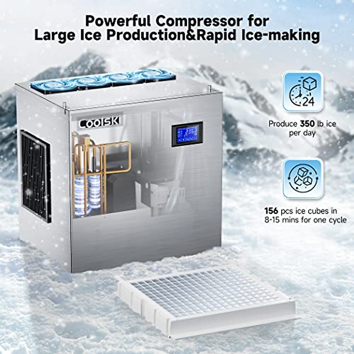 Coolski Commercial Ice Maker Machine 350LB/24H, 22'' Air Cooled Ice Machine Commercial Clear Cube/Efficient Cooling/Durable Construction, Ideal for Restaurants/Bars/Hotels, ETL Approved