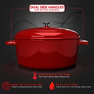 6 Quart Enameled Cast Iron Dutch Oven Pot with Lid — Round Enamel Coating, Safe up to 500° F, Dual Side Handles, Ideal for Baking, Roasting and Cooking — Oven Compatible & Easy to Clean — Red