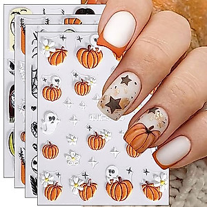 JMEOWIO 3D Embossed Halloween Nail Art Stickers Decals Self-Adhesive Pegatinas Uñas 5D Cute Pumpkin Ghost Flower Spook Nail Supplies Nail Art Design Decoration Accessories 4 Sheets