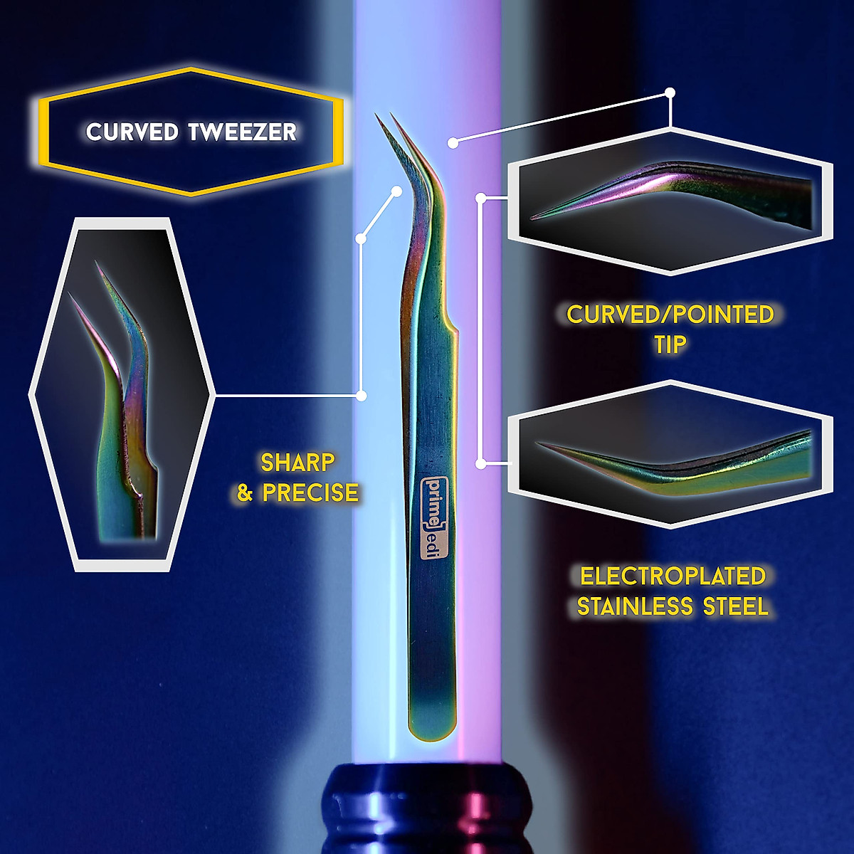 PrimeJedi Eyelash Extension Tweezers, Lash Applicator Tweezers, 3D 4D 5D Tweezer, DIY Lash Tweezers, Curved Tweezers, Tong Tweezers, 45 Degree Tweezer, Rainbow Tweezers in Tube Case (1 Set)