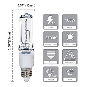 4-Pack JDE11 120V 100W Dimmable Halogen Bulb T4 Mini Candelabra Base Warm White for Chandeliers, Ceiling Fan, Table Lamps, Cabinet Lighting