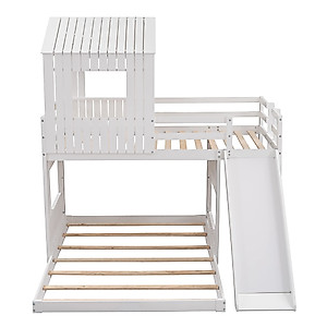 Harper & Bright Designs Twin Over Full House Bunk Bed with Slide and Roof, Wood House Bunk Bed with Ladder and Guardrails, Playhouse Bed for Kids Teens Girls Boys – White