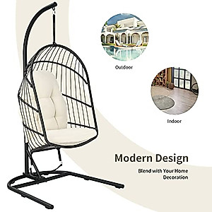 WYKDD Hanging Wicker Egg Chair w/Stand Cushion Foldable Outdoor Indoor Beige