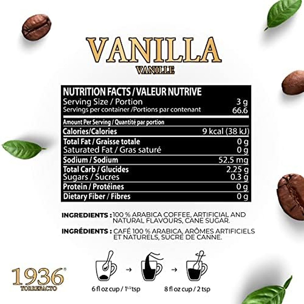 1936 Instant Coffee Vanilla 8 OZ- Smooth Taste - 100% Pure Arabica Coffee - Light Instant Coffee -Medium Roast - Glazed with Cane Sugar- Gluten Free- Kosher Certified -Non GMO