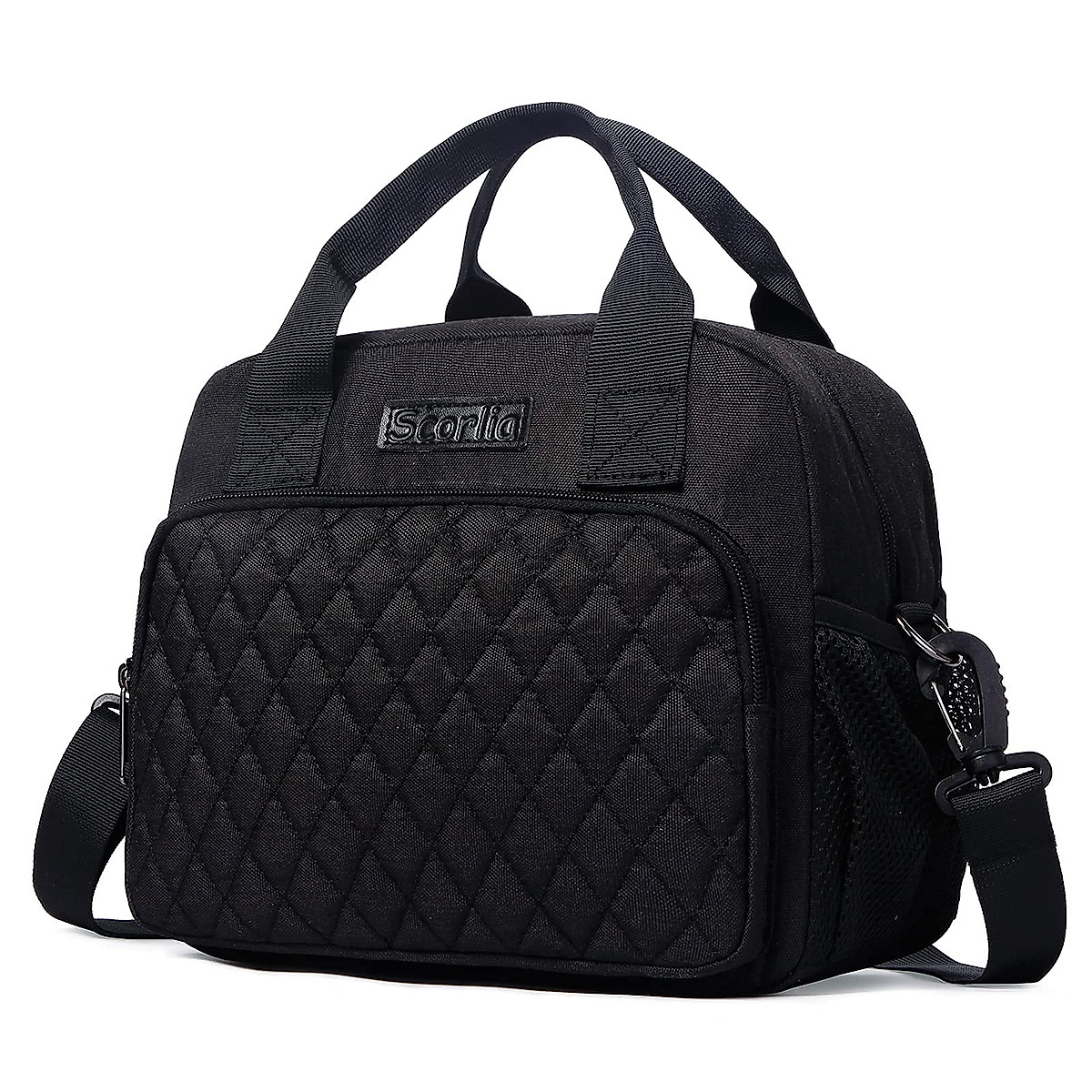 Scorlia Insulated Lunch Bag for Women/Men, Reusable Lunch Cooler Box Lunch Tote, Thermal Meal Prep Lunch Organizer with Adjustable Shoulder Strap and Side Pockets for Kids/Adults, School, Work, Black