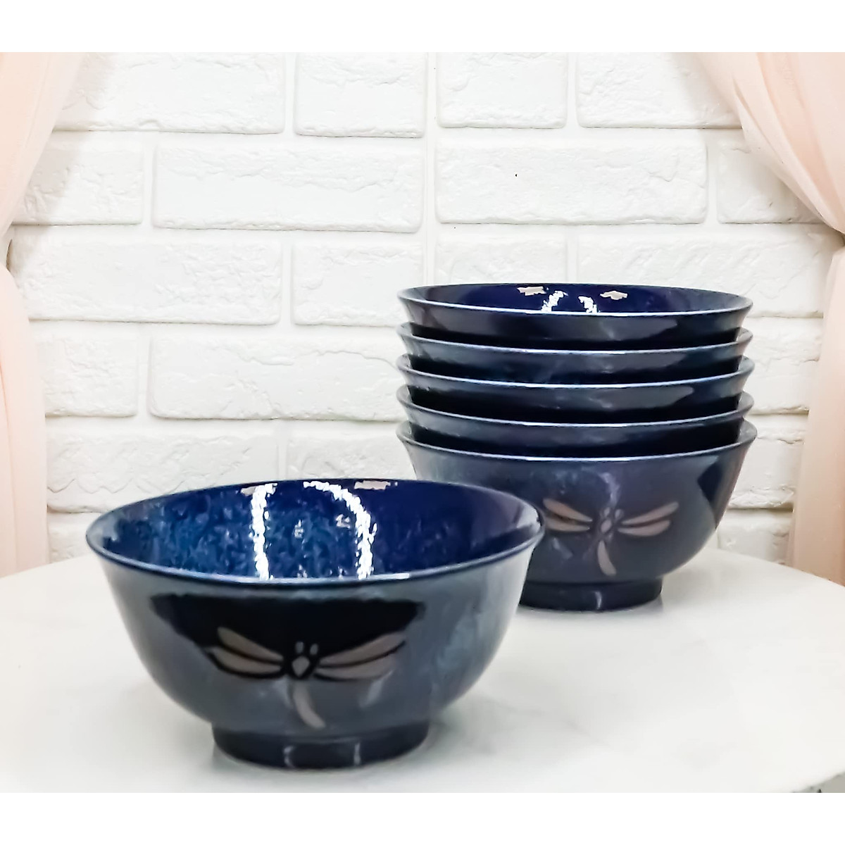 Ebros Gift Made in Japan Blue Tombo Dragonfly Design Ochawan Rice Soup Porcelain Bowls Set of 6 Home Decor Japanese Zen Fusion Asian Living Accent Housewarming Birthday Gifts Bowl Set
