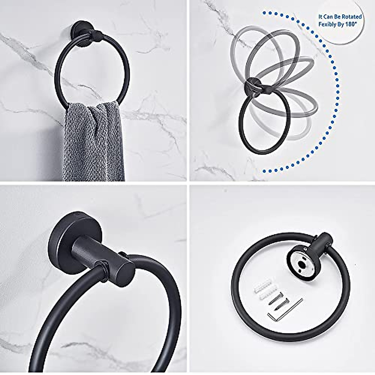 DERKAR Black Towel Ring with 2 Wall Hooks for Bath Room, Screw-Mounted Hand Towel Ring & Hook Made of Durable 304 Stainless Steel, The Best Holder for Bathroom, Bedroom, Kitchen