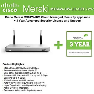 Cisco Meraki MX64W Wireless Firewall Security Bundle, 200Mbps FW, 5xGbE Ports - Includes 3 Years Advanced Security License