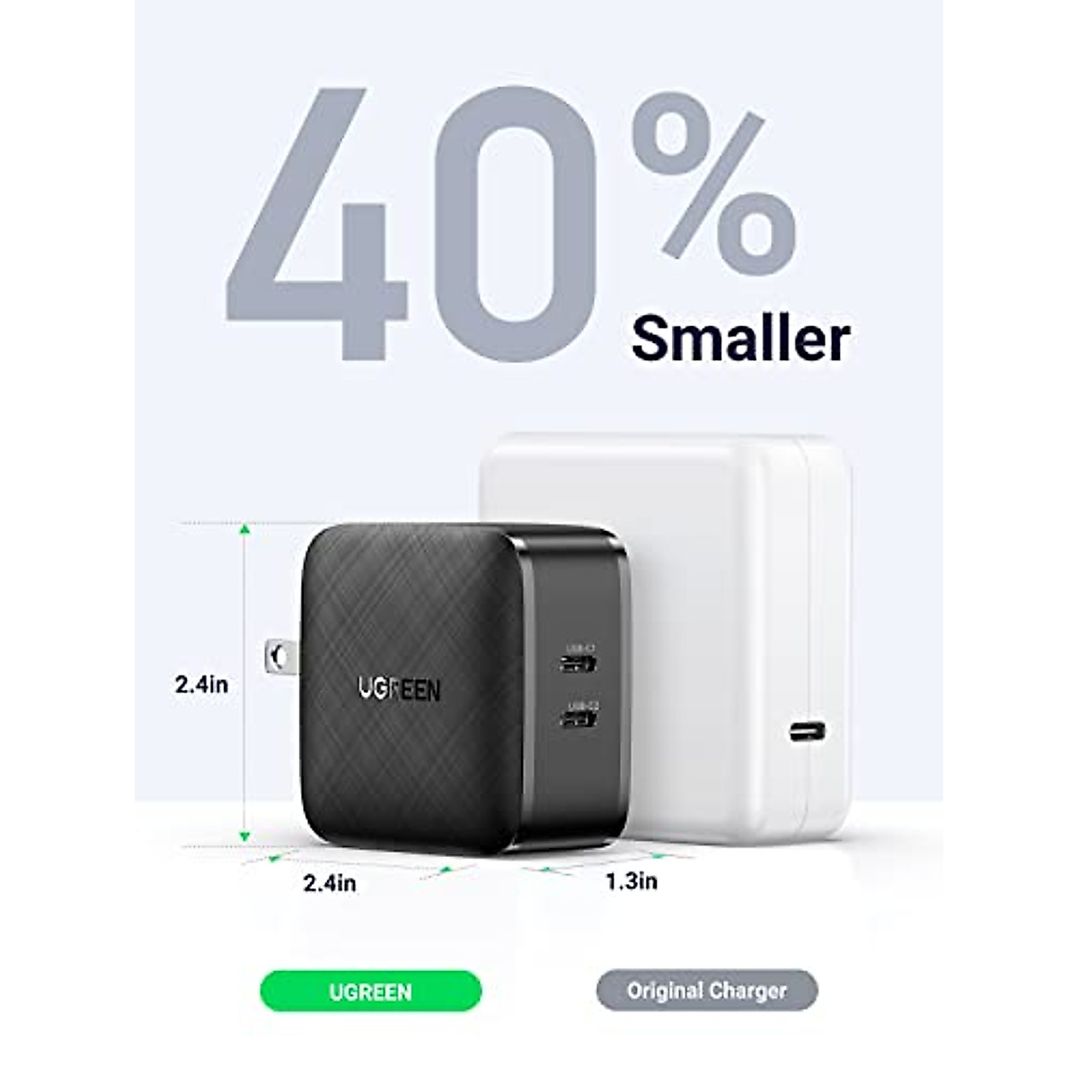 UGREEN 66w USB C Charger, 2 Ports Foldable Wall Charger, PD 65W Charger Power Adapter Compatible with MacBook, Dell/HP Laptops, iPad, iPhone 14, Galaxy S22/S21, Steam Deck, and More