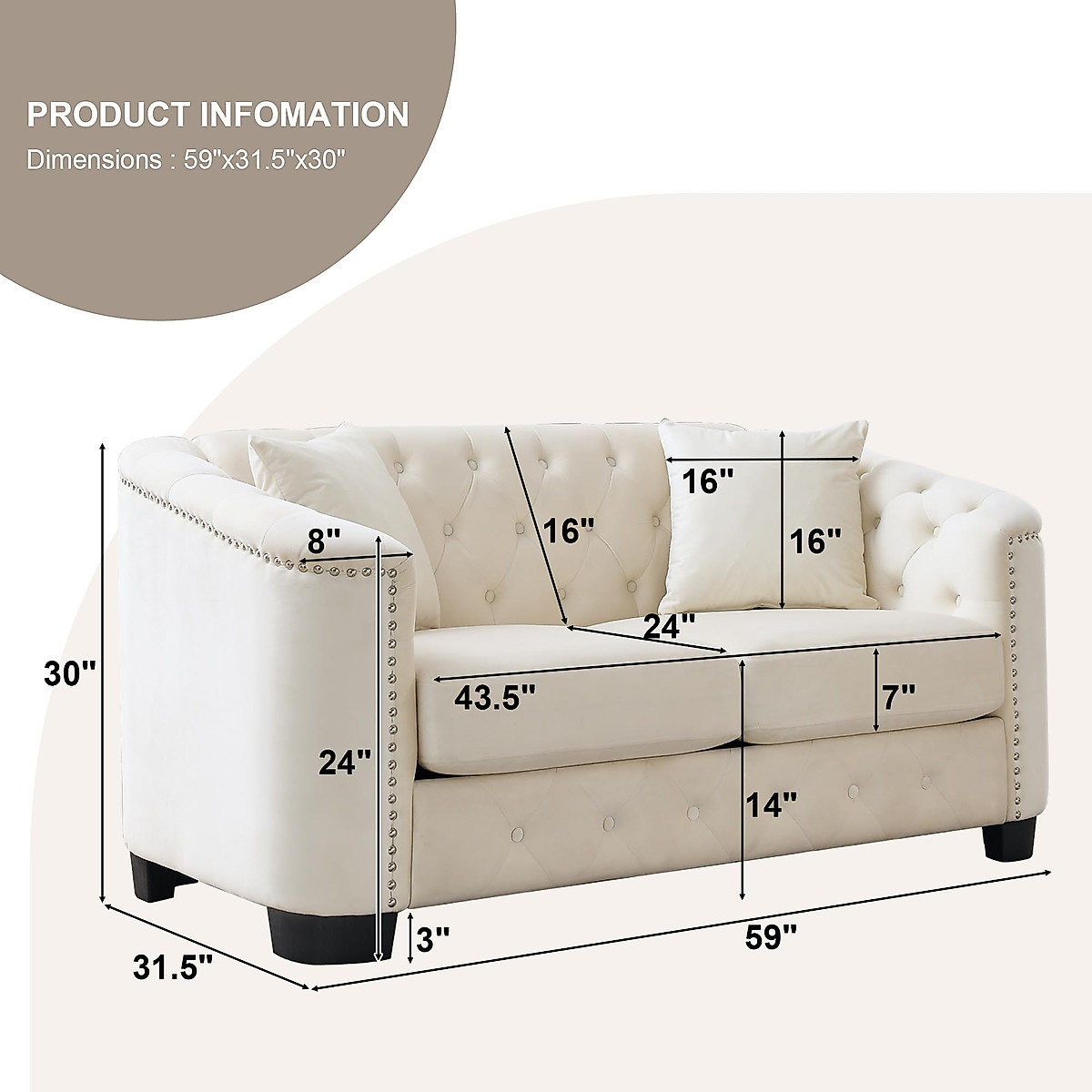 BUIORD 59" Modern Velvet Loveseat Chesterfield Sofa for Living Room,2-Seater Sofa,Upholstered Tufted Backrests with Nailhead Arms and 2 Cushions for Bedroom-Beige