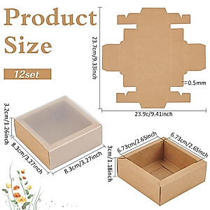 BENECREAT 12 Packs Small Square Brown Kraft Boxes Heavy Duty Paper Gift Box with Clear PVC Windows 3.3x3.3x1.2 for Party Favor Treats, Bakery, and Jewelry Packaging