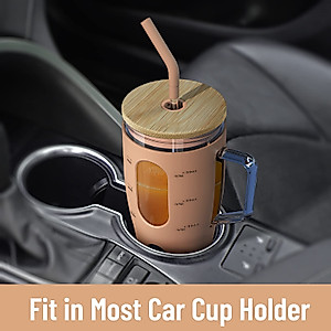 Zukro 40 oz Glass Tumbler with Handle and Wide Straw, Drinking Cup With Bamboo Lid For Water, Iced Coffee, Time Marker to Dink, Large Smoothie Cup with Silicone Sleeve, BPA Free, Fit Cupholder, Khaki