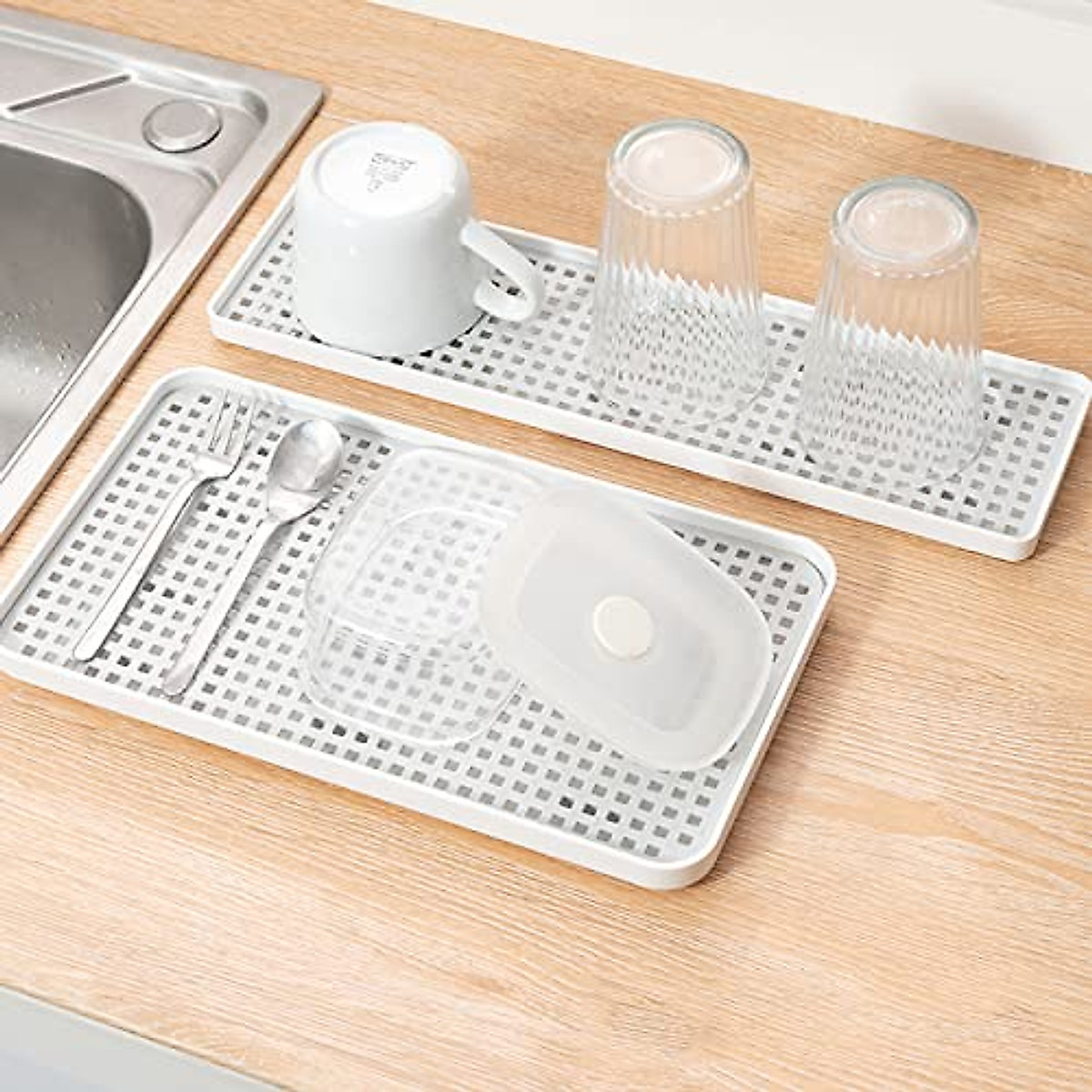 lengenyen 2pcs Drain Board for Kitchen, 2 Tier Dish Drying Rack Set with Drainboard+1pc Cup Brush for Kitchen Counter,Sink,Coffee Bar,Bottle Shelf,Or Cup Holder(White)