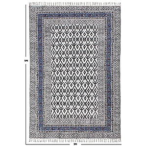 Casavani Hand Block Printed Rug Floral Blue & Beige Tassel Rug Boho Area Rug Easy Care Washable Rugs for Doormat Entryway Living Room Bedroom Hallway Balcony 12x12 Feet Square