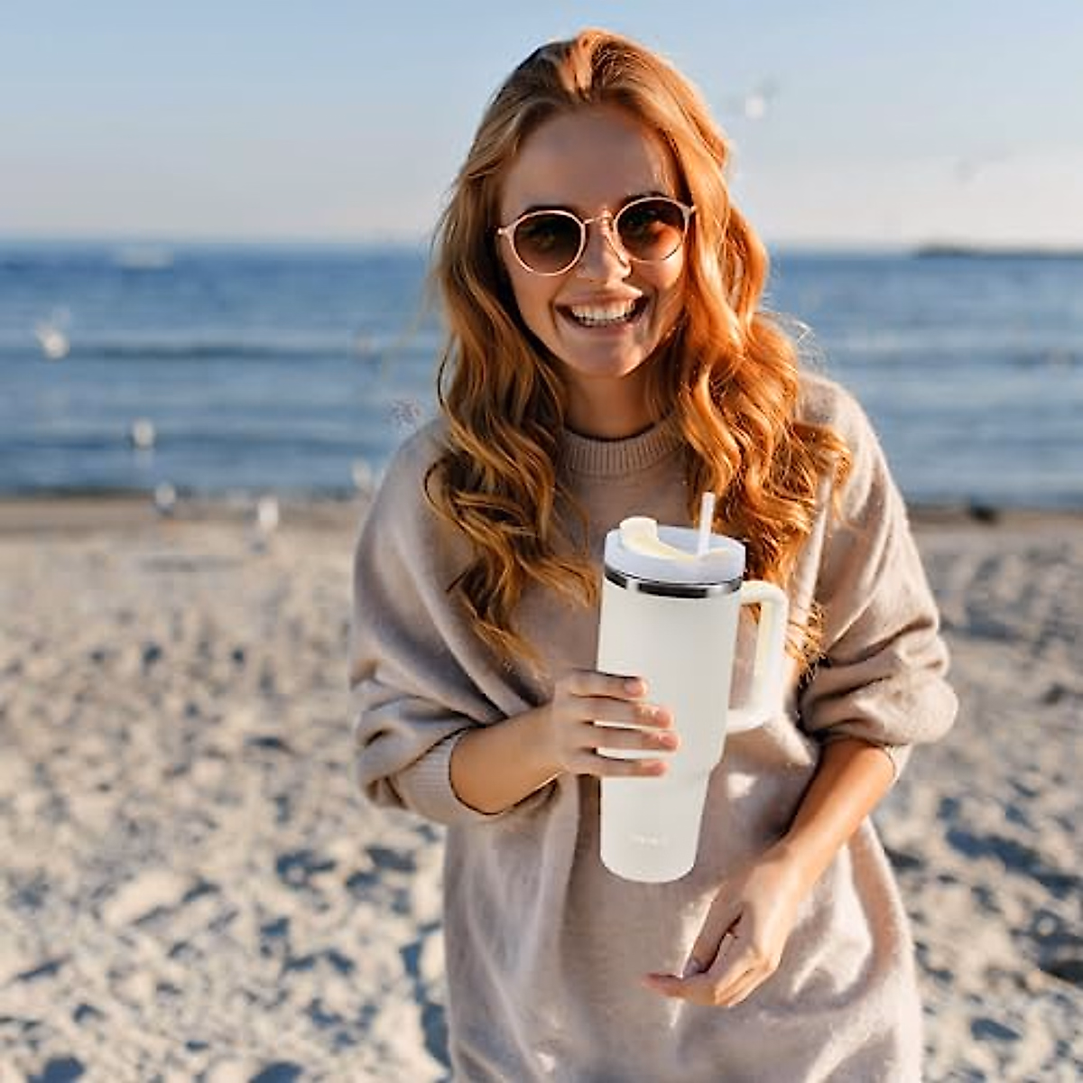 40 Oz Tumbler with Handle, Leak-proof Lid and Draw, Double Layer Reusable Insulated Vacuum Cup Stainless Steel Travel Coffee Mug, Thermo for Hot and Cold Beverages