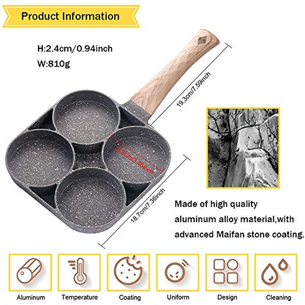 MIHUNTER 4 Egg Frying Pan,Pancake Omelette Pan,Cooker Pans 4-Cups Non-stick Cookware Aluminium Alloy Fried Divided Egg Cooker, Burger Pan for Breakfast,Pancake,Poached Egg1