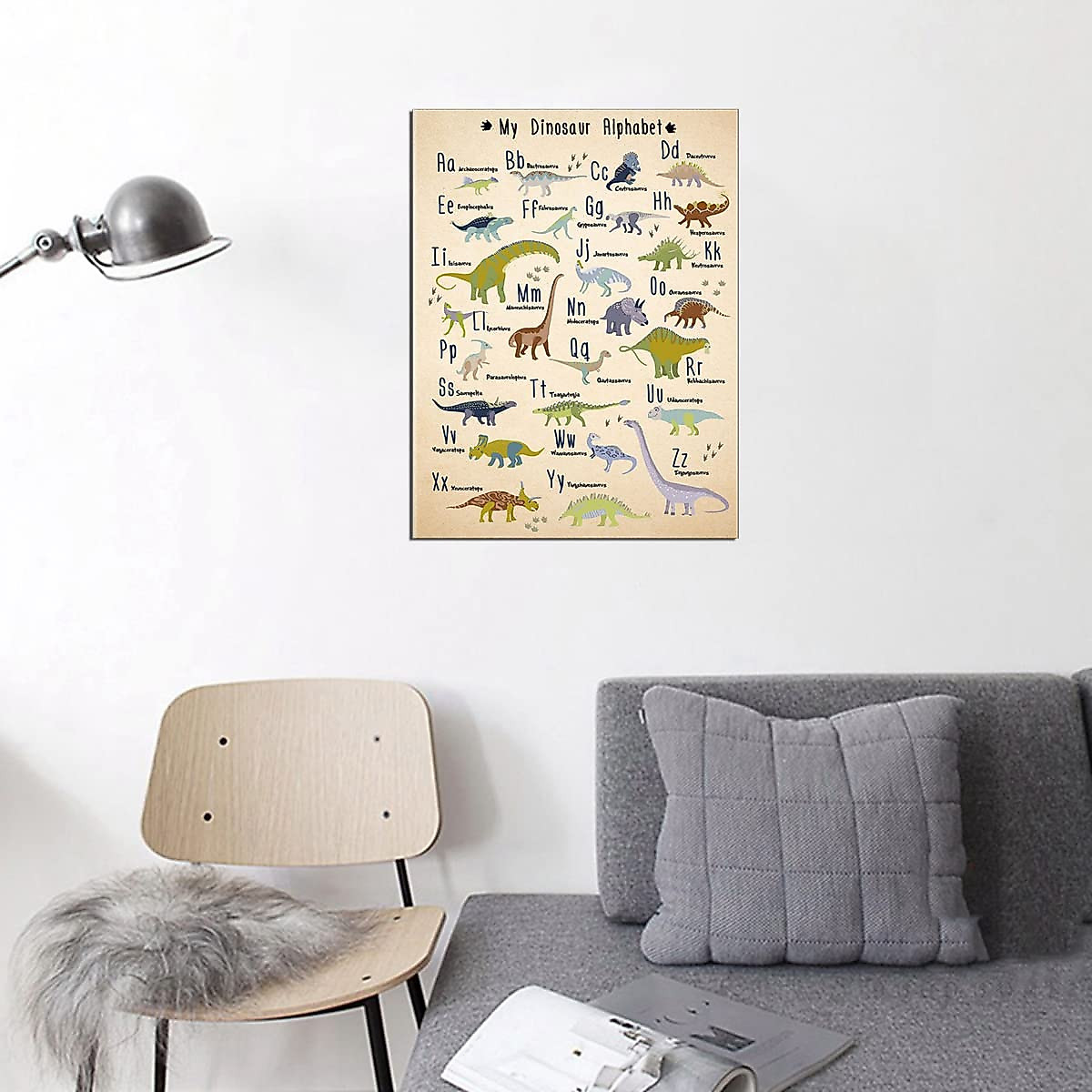 Cute Animal Dinosaur Alphabet Kid Educational Chart Boys Room Canvas Wall Art for Nursery Kids Children Play Room Wall Decor Retro Parchment paper Style Framed 12x16inch