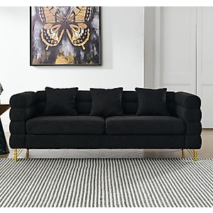 Comfy 3 Seater Sofa, 81-inch Oversized Boucle Couch with Deep Seat Design, Upholstered Sofa Couch with 2 Pillows, Modern Living Room Sofa with Stylish Metal Legs for Office, Waiting Room, Black Teddy