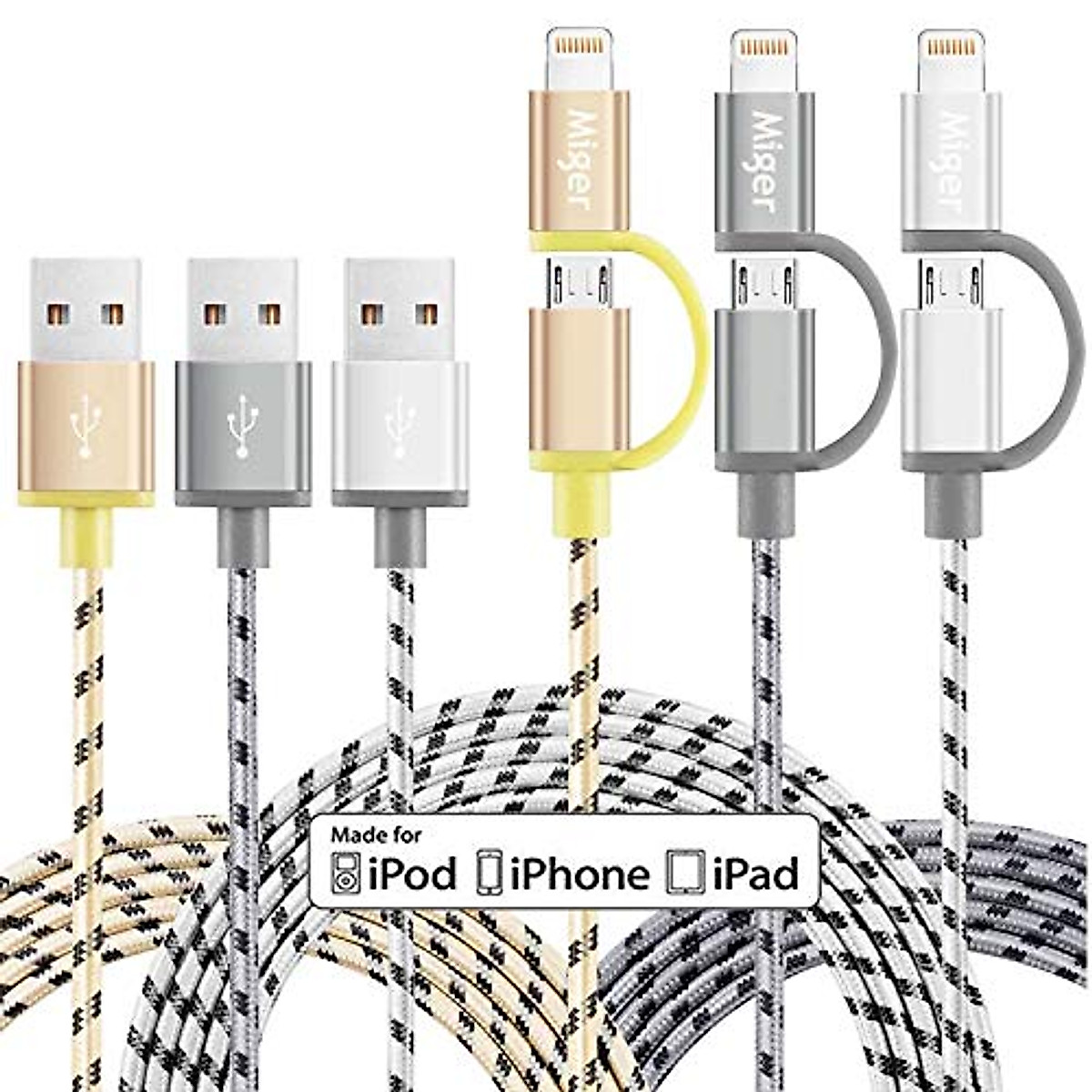Multi Charging Cable 6.5Ft/2M MFi Certified 2Pack USB A to Lightning/Micro USB Cables 2 in 1 Nylon Braided Charge and Sync Charger Cord for iPhone, iPad/iPod, Huawei, Nexus, Nokia, Sony, HTC & More