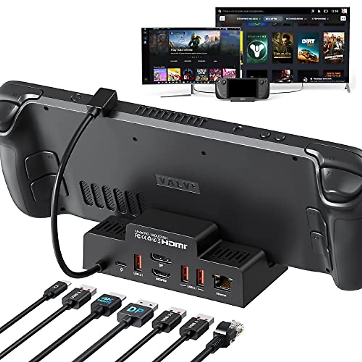 Dual Monitor Docking Station for Steam Deck & ROG Ally, Steam Deck Dock and ROG Ally Dock with 4K 60Hz HDMI & DisplayPort, Gigabit Ethernet, 3*USB3.1 10Gbps Data Port, PD 3.0 Charging Port