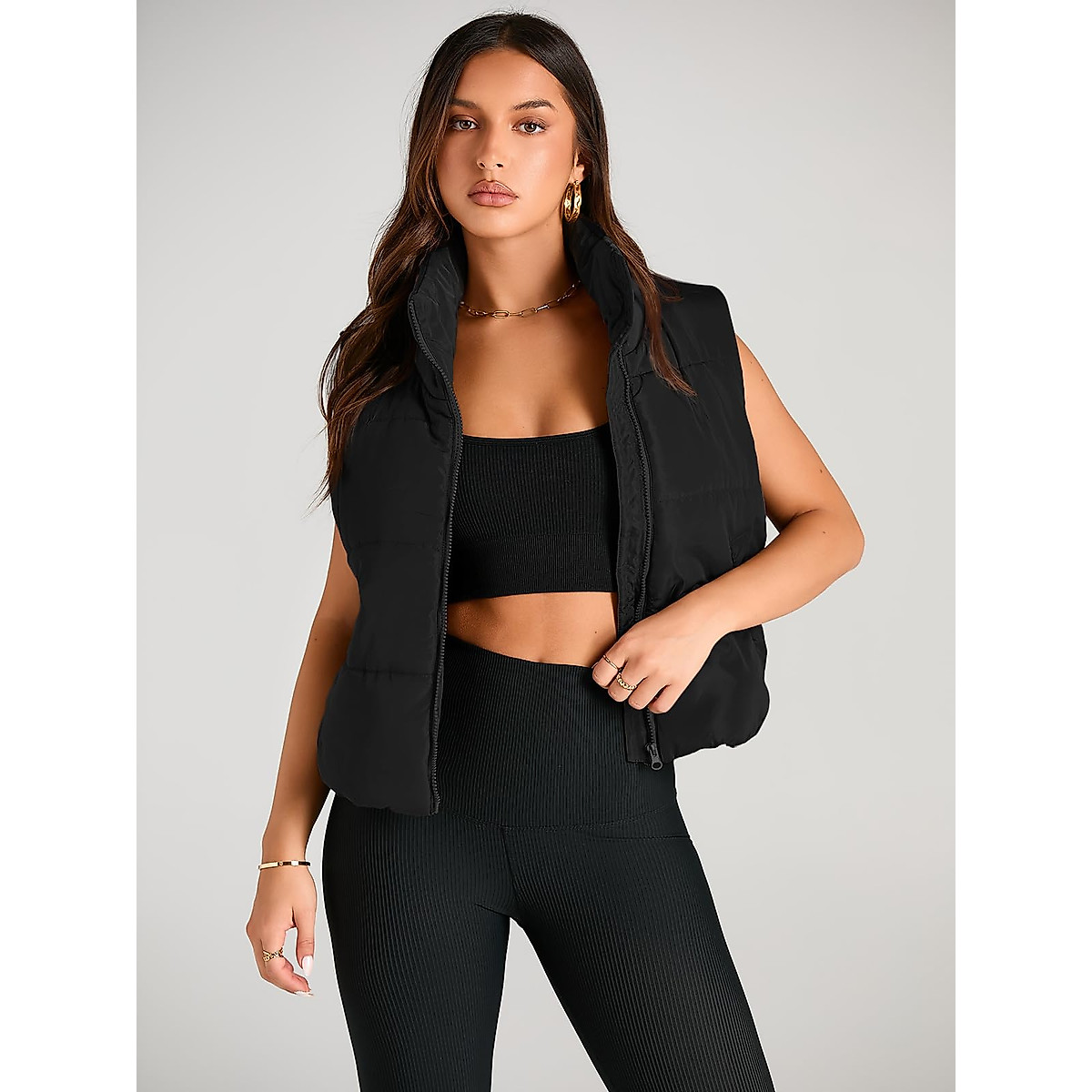 AUTOMET Fall Outfits Clothes Puffer Vest Women Sleeveless Winter Cropped Outerwear Warm Puffer Lightweight Stand-up Collar Down with Pockets 2024