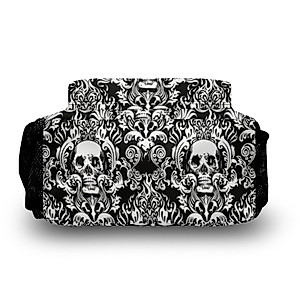 Black Skull Backpack Vintage Floral Casual School Bag Lightweight Zipper Laptop Bookbag Hiking Shoulder Daypack for Women Men