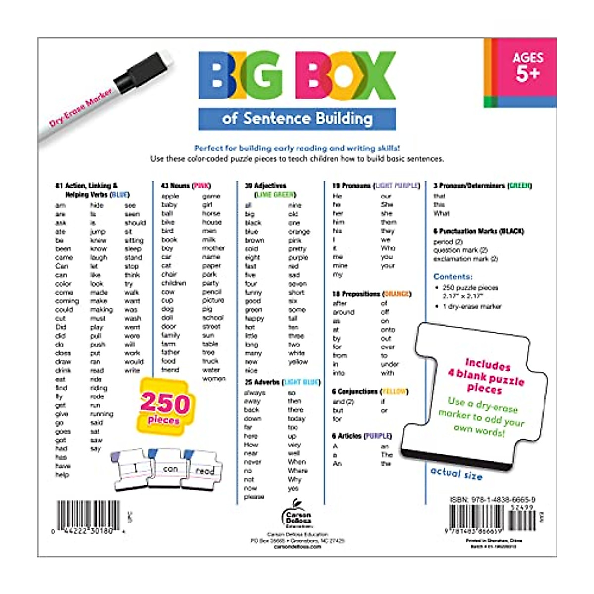 Carson Dellosa 250-Piece Big Box of Sentence Building for Kids, Sight Word Game with Dry Erase Marker and Color-Coded Sight Words and Punctuation Cards, Speech Therapy Toys for Toddlers