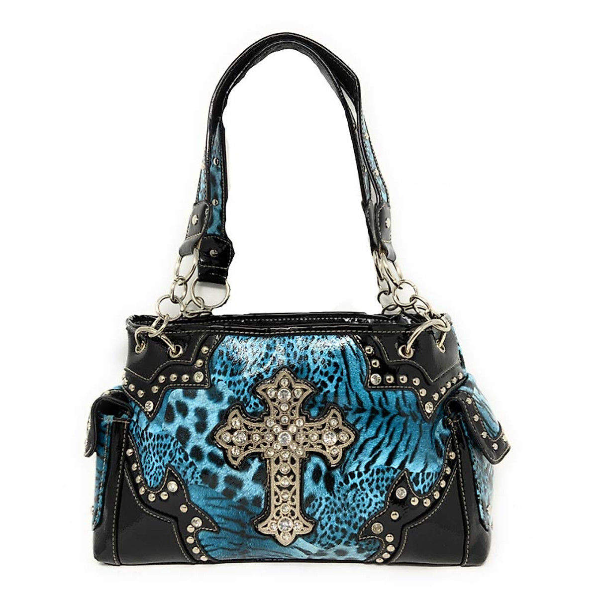 western rhinestone cross leopard concealed carry handbag with matching wallets in 3 colors (Blue)