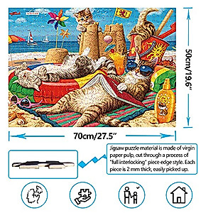 NATGIFT Jigsaw Puzzle Beach Cats Beachcombers 1000 Piece 27.5''(L) x 19.6''(W) Children's Gift Large Puzzle Game Artwork for Adults Teens