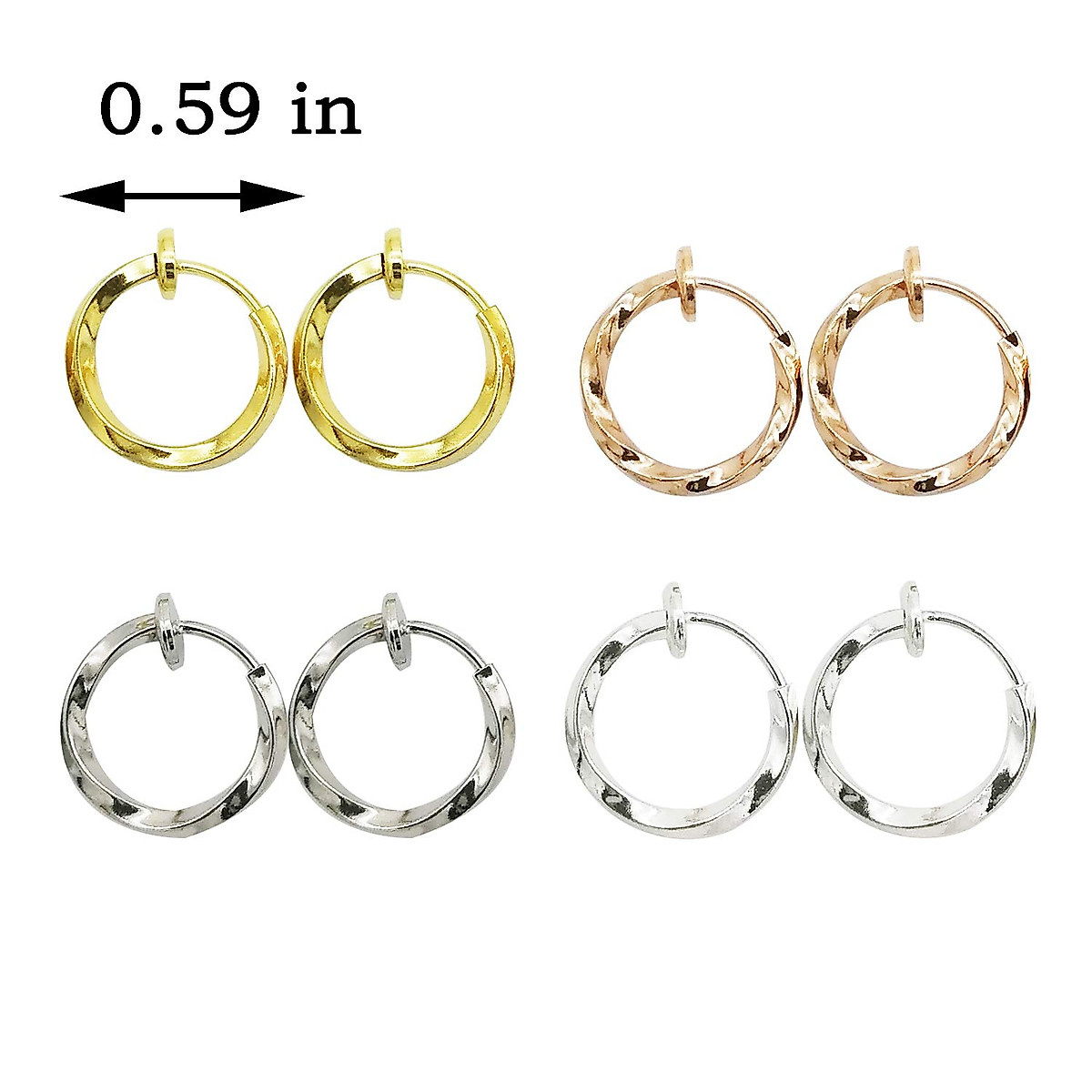 LAXPICOL Twisted Clip On Earrings Gold Silver Grey Rose Gold 4PCS 0.59IN(15mm) Stainless Hoop Earrings Clip On Earrings for Women No Piercing