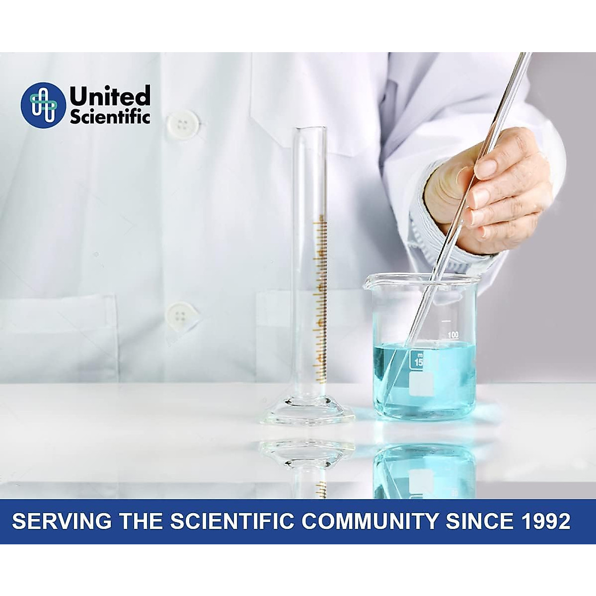 United Scientific™ 1000mL (1L) Beaker, Low Form Griffin, Boro. 3.3 Glass, Double Scale, Graduated