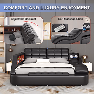 AF ARTISAN FURNITURE Queen Size Smart Multifuncional Bed Frame - Upholstered Leather Platform with Massage Recliner, Bluetooth Speaker, USB Charging, Storage Drawers, Strong Wooden Slats, Black