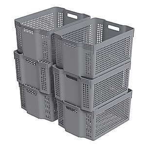 Zopnny 6-Pack Stackable Plastic Woven Basket Organizer, Large Stacking Storage Basket Bin, Grey
