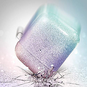 NZND Case Compatiable with Apple AirPods 1/2, Crystal Glitter Sparkle Bling, 360° Protective Cute Cover Carrying Case Girls Women with Rose Gold Keychain -Purple/Aqua