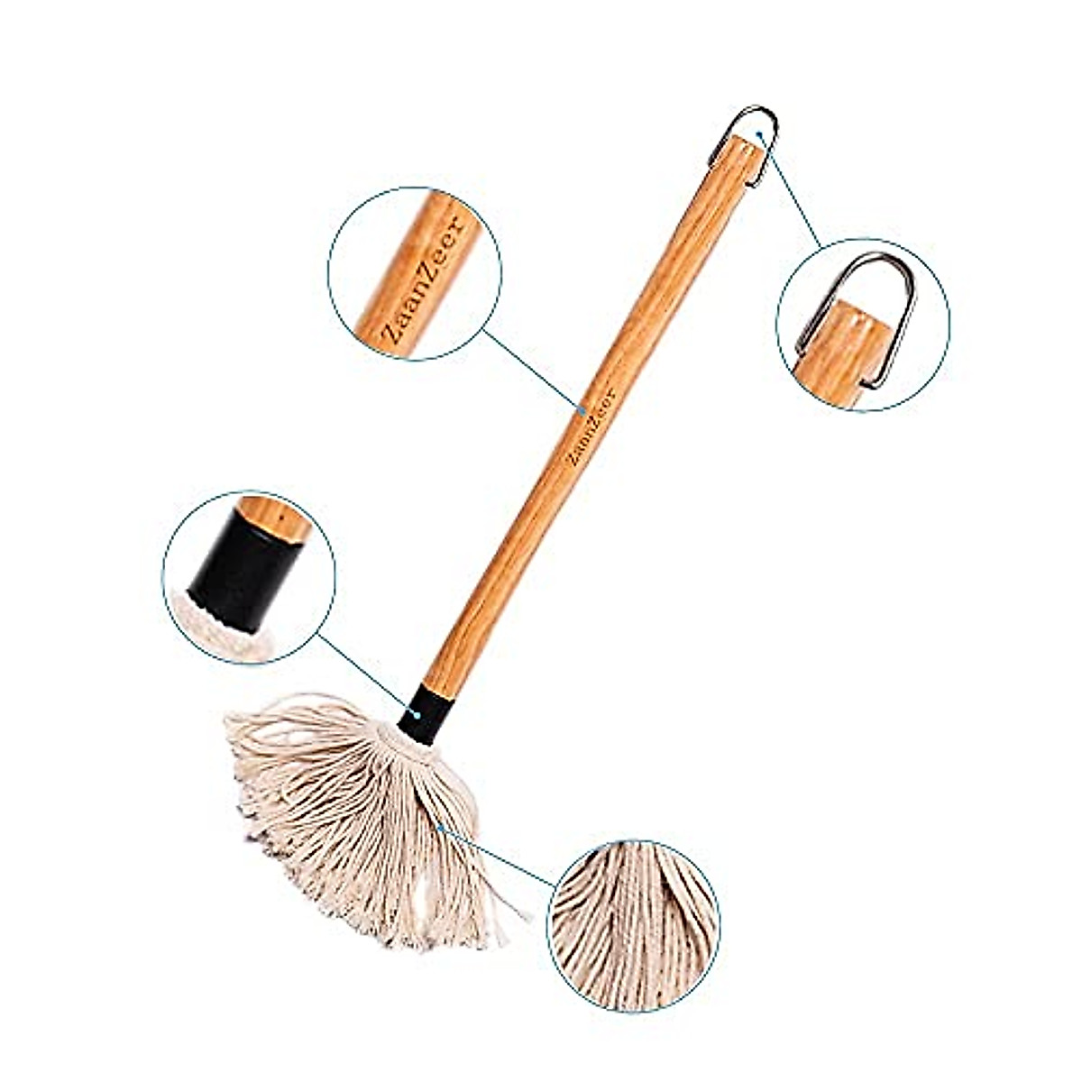 ZaanZeer 18 Inches BBQ Mop with Wooden Handle and 4 Extra Replacement Cotton Fiber Basting Mop Heads for Grilling and Smoking Steak