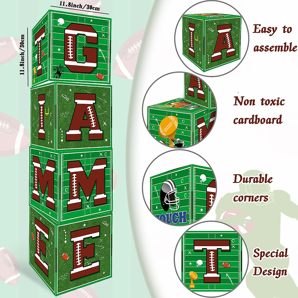 Football Party Decorations 4PCS Football Balloon Boxes with GAME and TIME Letters for Football Birthday Party Football Gameday Tailgate Party Supplies